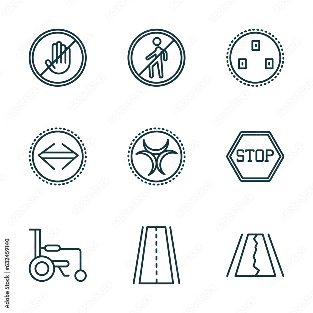 set of 9 linear icons from signs concept. outline icons such as no touch, no entry, because ...
