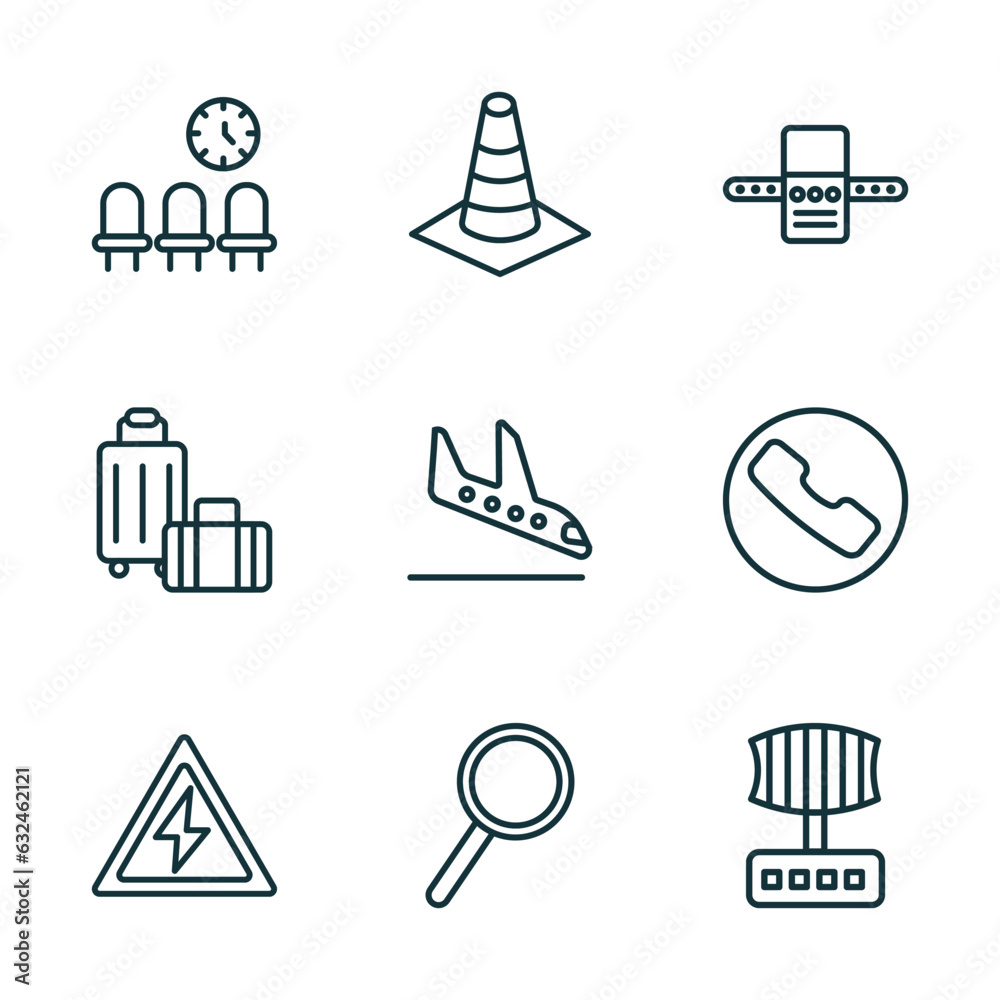 set of 9 linear icons from airport terminal concept. outline icons such as waiting place, road ...