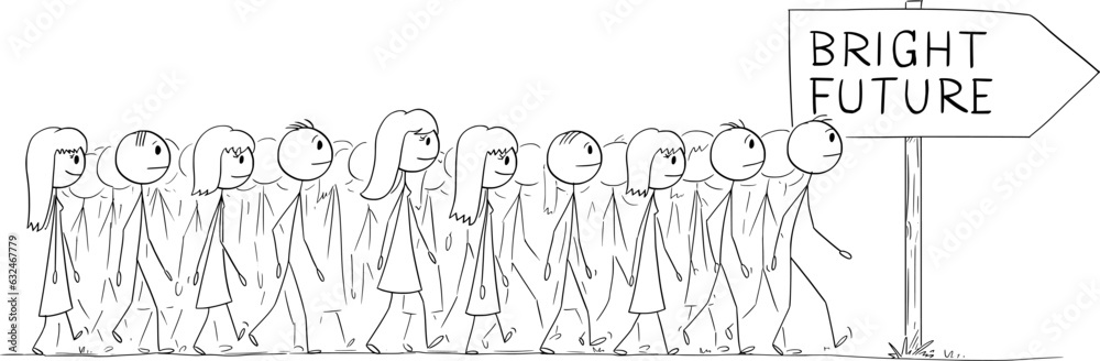 Group or Crowd of People Walking Together to Bright Future, vector ...