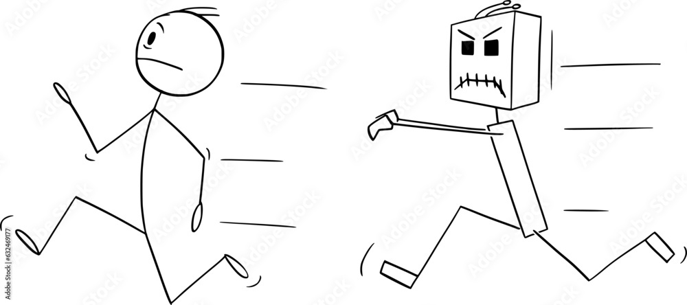 Mad Dangerous Robot Chasing Human, Vector Cartoon Stick Figure ...