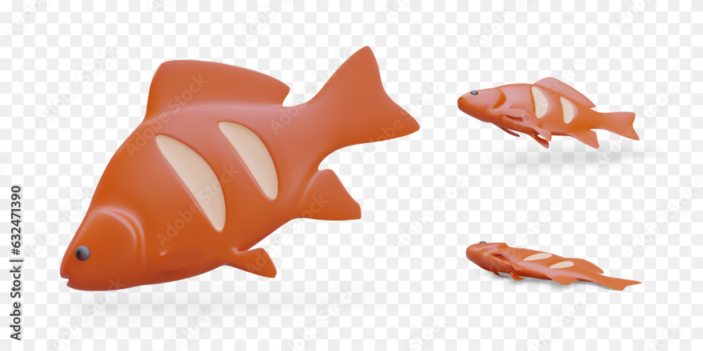 Set of 3D isolated images of grilled fish in different positions. Red ...