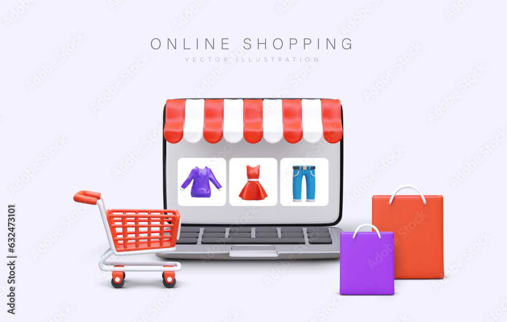 Online shopping. Advertising concept for internet clothing store. Open ...
