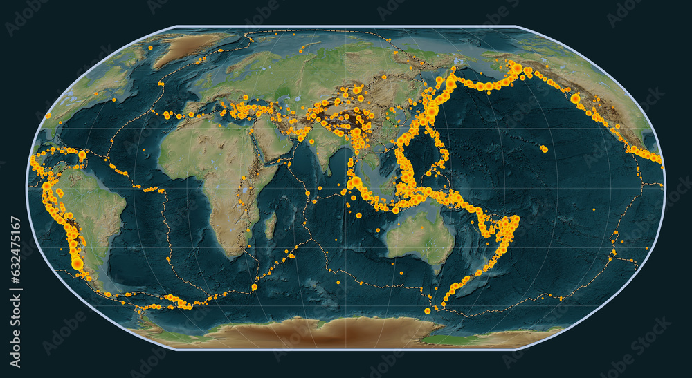 Earthquakes and boundaries of tectonic plates on the world map - 90 PM ...