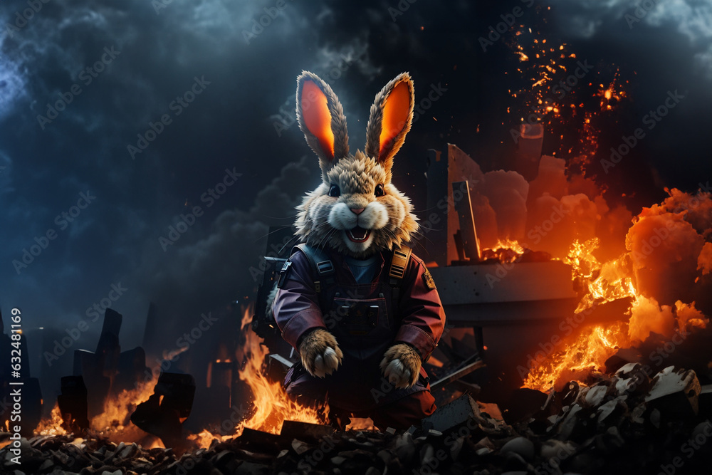 Furious rabbit in the fire of destruction. Angry furry bunny with a ...