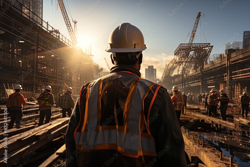 construction worker wearing a hard hat, a reflective vest, and ...