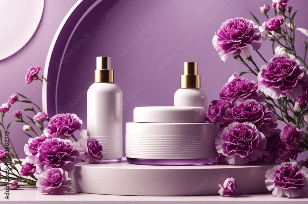 3D realistic beauty products presented on a podium with purple ...