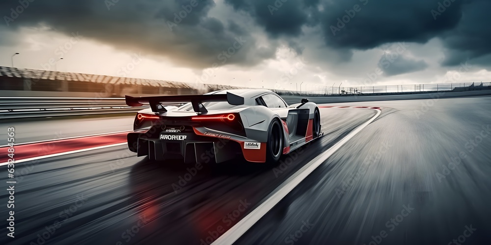 Racing car riding fast on bended racing circuit under cloudy sky ...