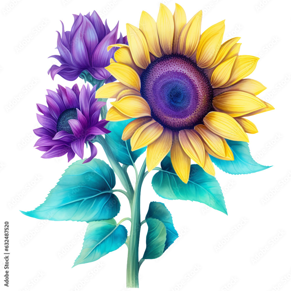 hopeful yellow sunflower and purple flower, bright turquoise, purple ...