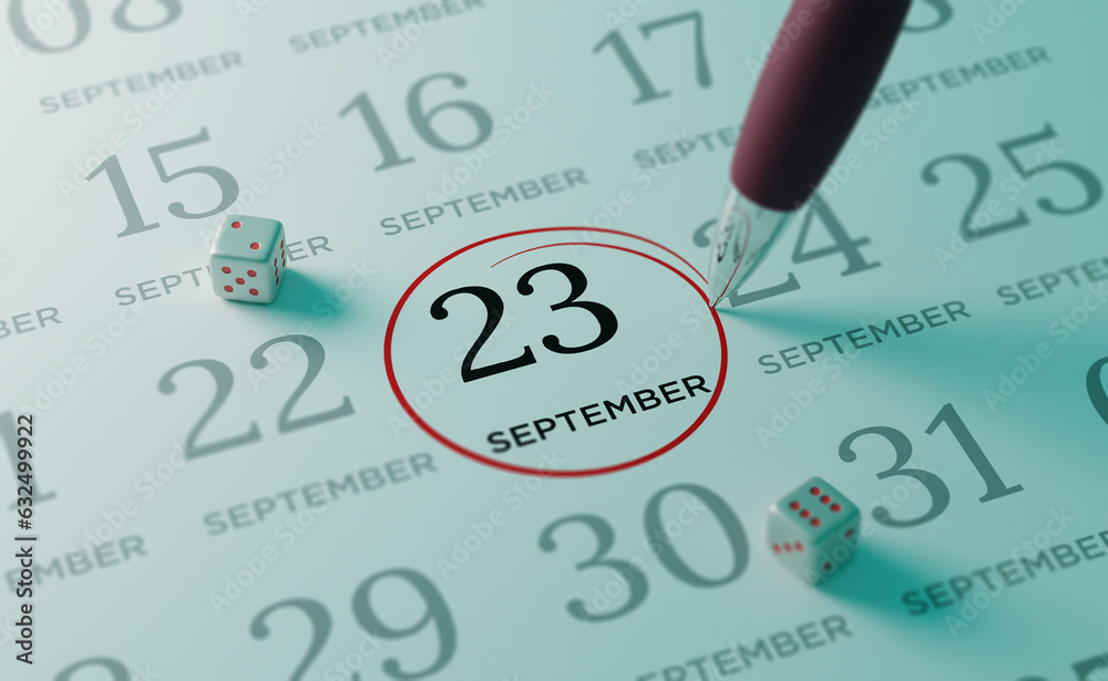 September 23rd Calendar date. close up a red circle is drawn on ...