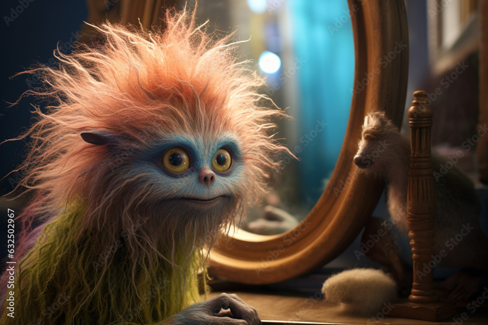 An ugly colorful alien monster looking into a mirror confused ...