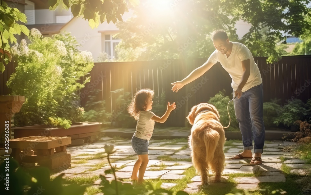 A beautiful family of playing with a dog in the backyard. Idyllic ...