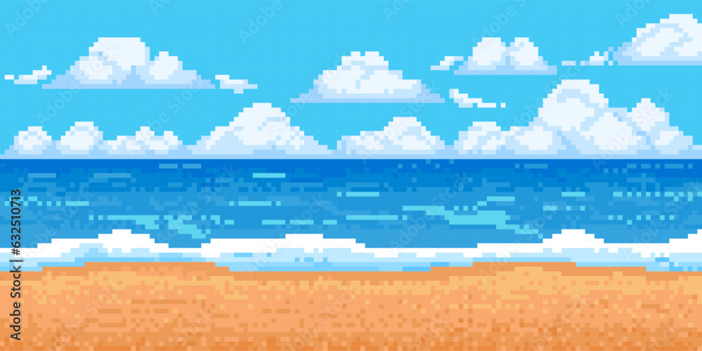 Pixel sea landscape. 8-bit sun beach with wave, cloud and sand. Game ...