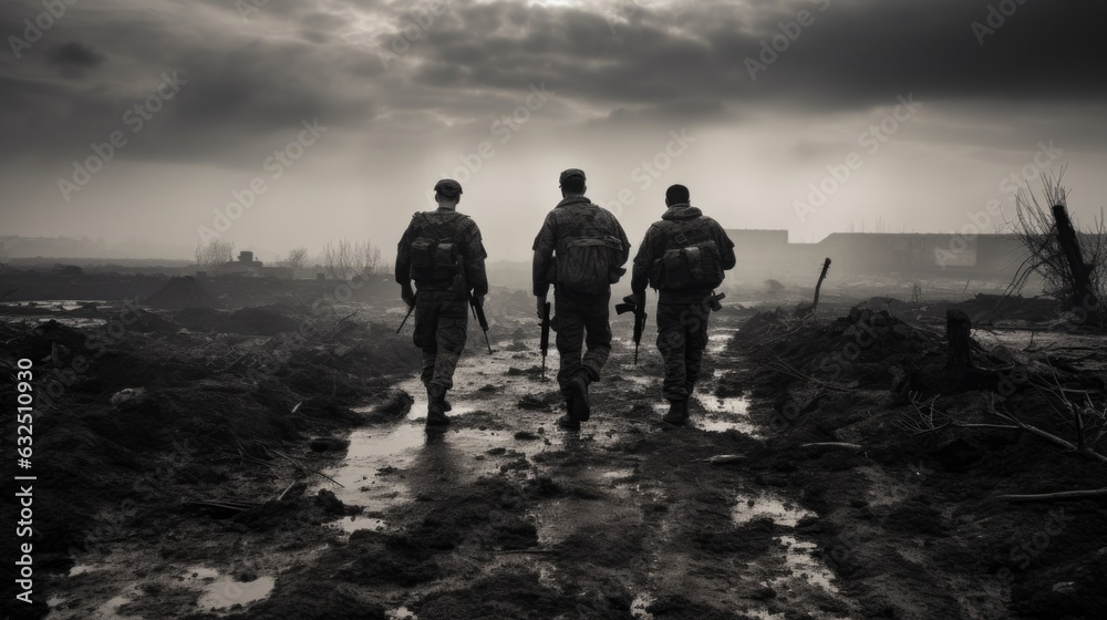 Among the ruins of a bombed and destroyed warzone, a group of soldiers ...