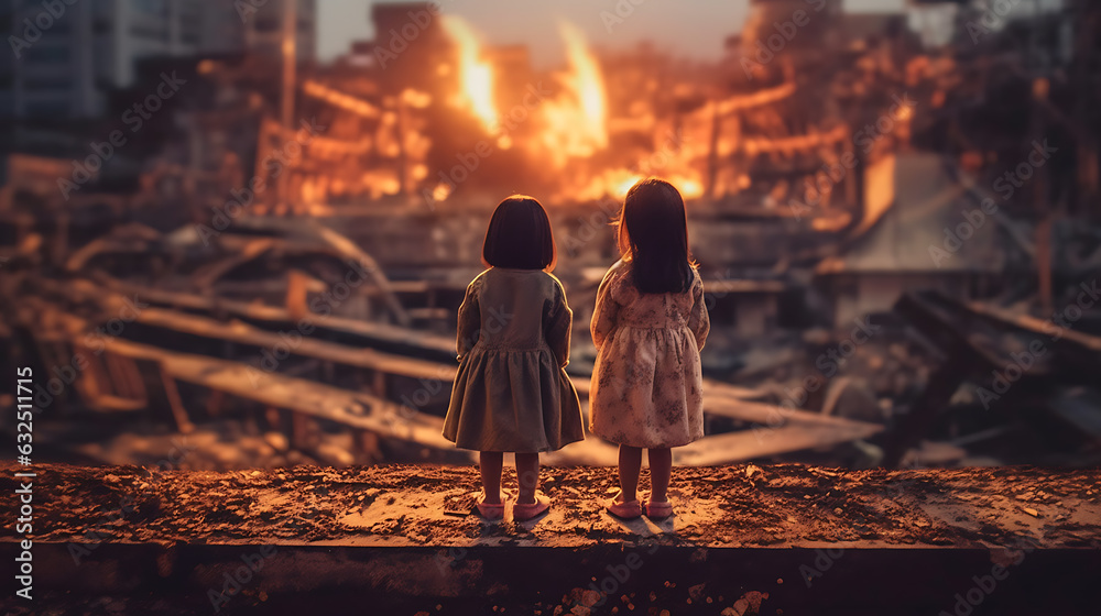 Two little girls at night standing in front of a fire. Ai Generative ...
