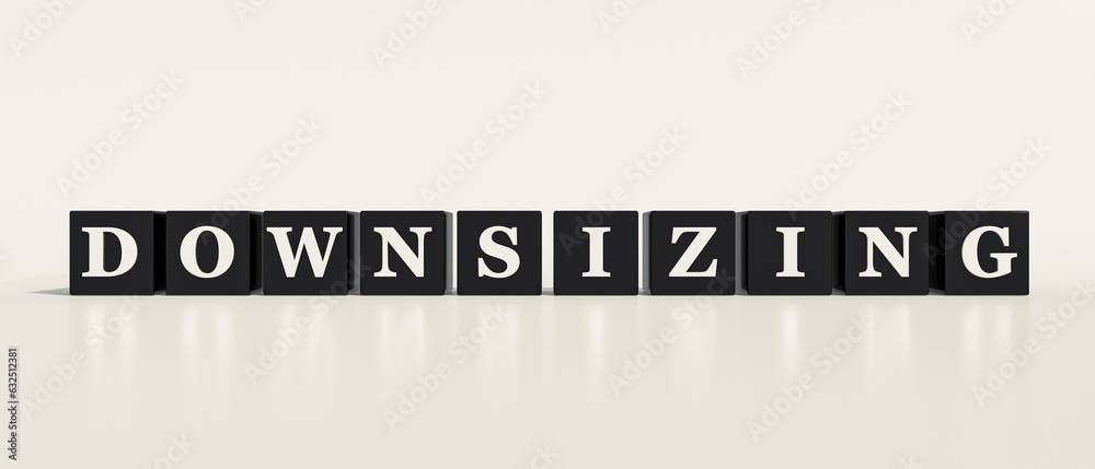 Black dices with white letters and the word downsizing. Small ...