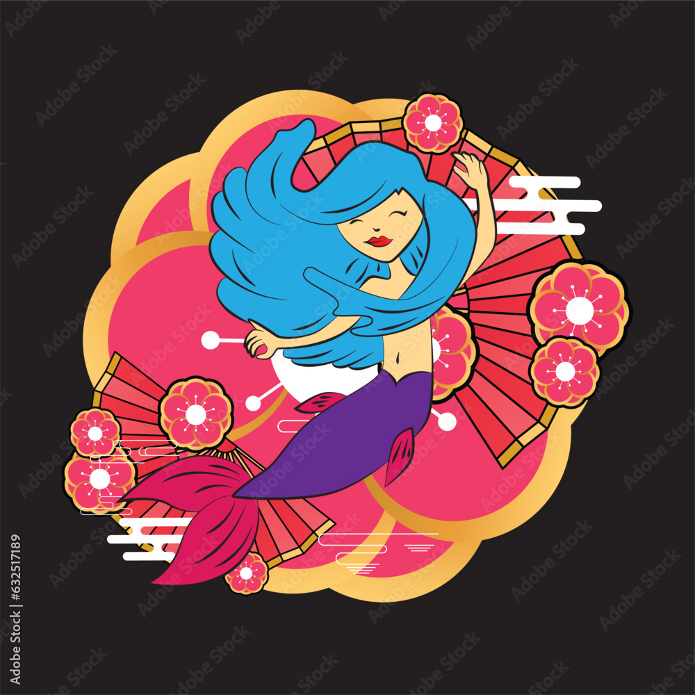 Lovely mermaid with little turtle, vector illustration, children ...