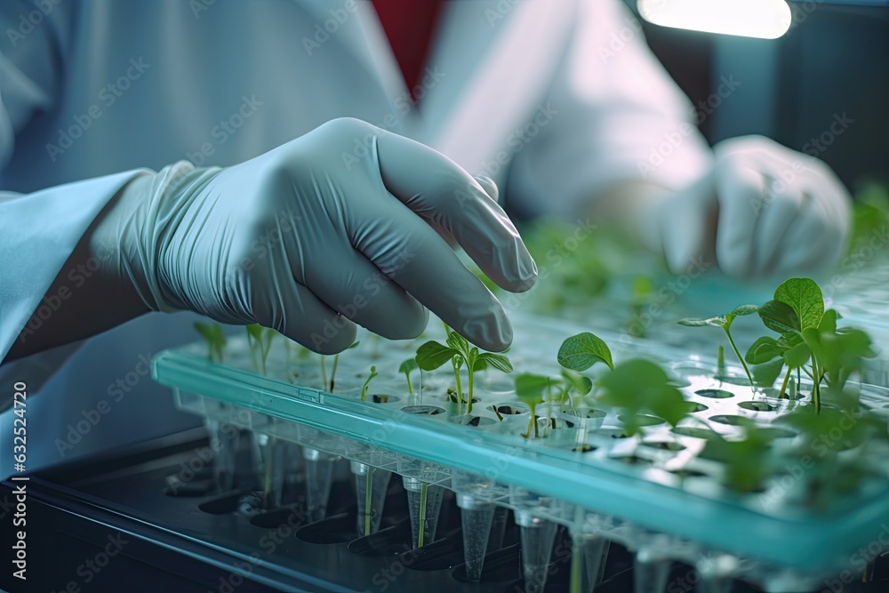 A scientist’s hand picks up a green seedling from a blue tray in a ...