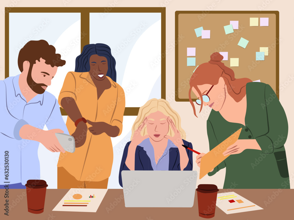 Angry boss stand over tired employee table. Stressed girl sitting with ...