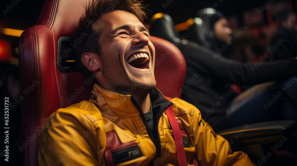 A pro gamer leaning back in their chair with an expression of pure joy ...
