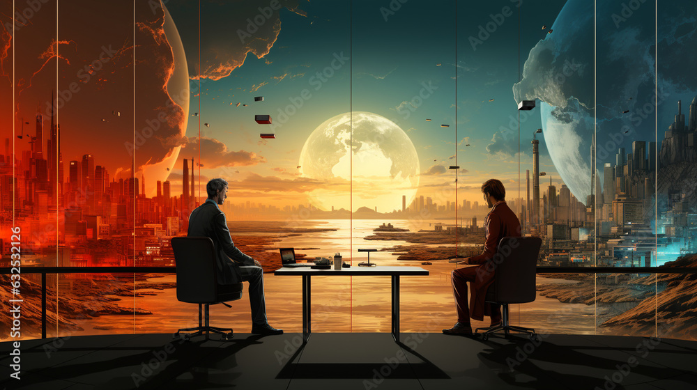 ภาพประกอบสต็อก An intriguing split-screen illustration showing the same ... ภาพประกอบสต็อก An intriguing split-screen illustration showing the same ...