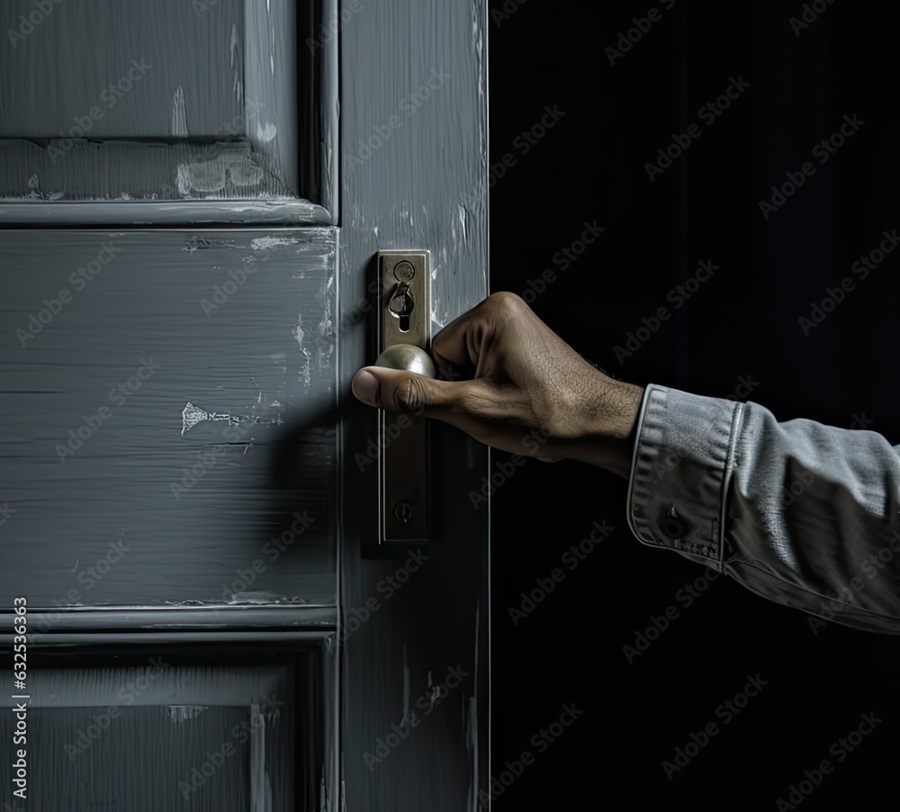 A man's hand opens an interior door with a broken doorknob. Poor ...