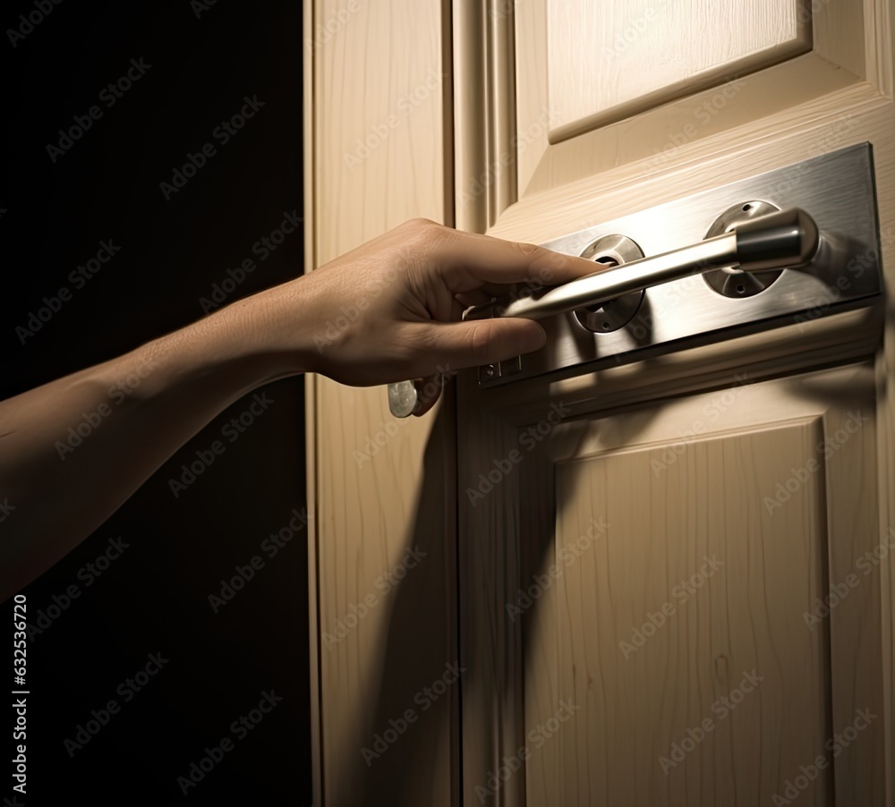 A man's hand opens an interior door with a broken doorknob. Poor ...