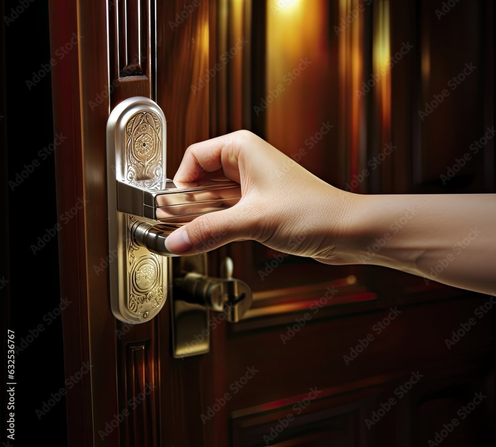 A man's hand opens an interior door with a broken doorknob. Poor ...