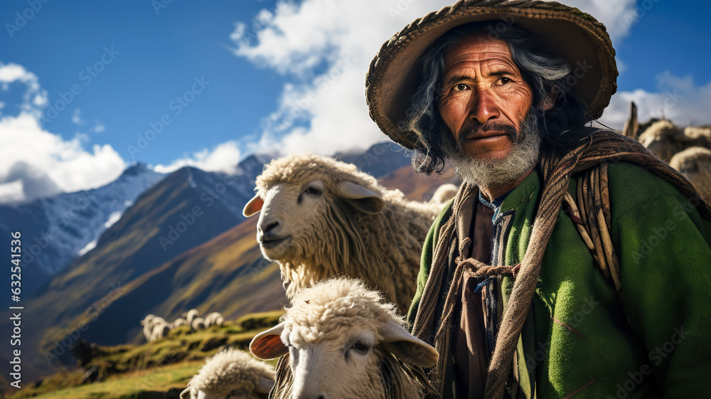 Portrait of a Quechua shepherd in the Peruvian Andes. Old man wearing ...