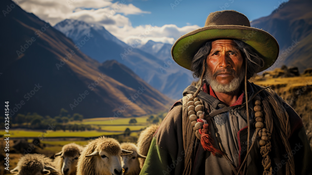 Portrait of a Quechua shepherd in the Peruvian Andes. Old man wearing ...