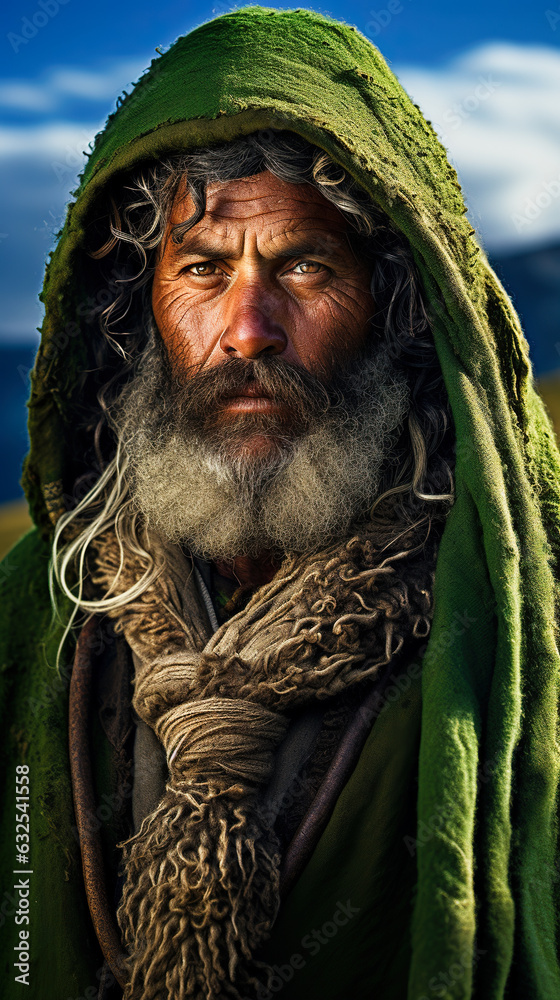Portrait of a Quechua shepherd in the Peruvian Andes. Old man wearing ...