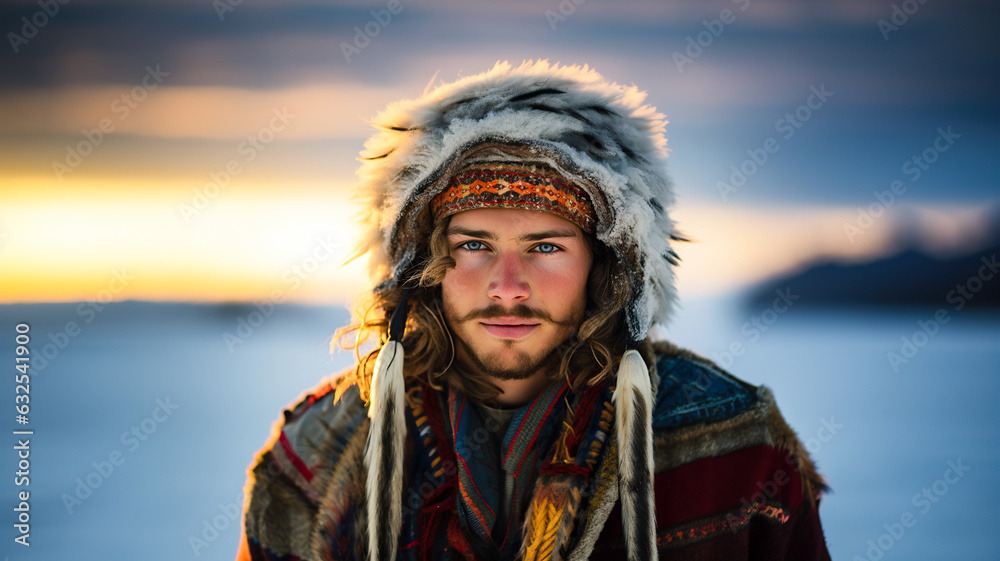 Portrait of male from the Sami culture in Scandinavia. Man in colorful ...
