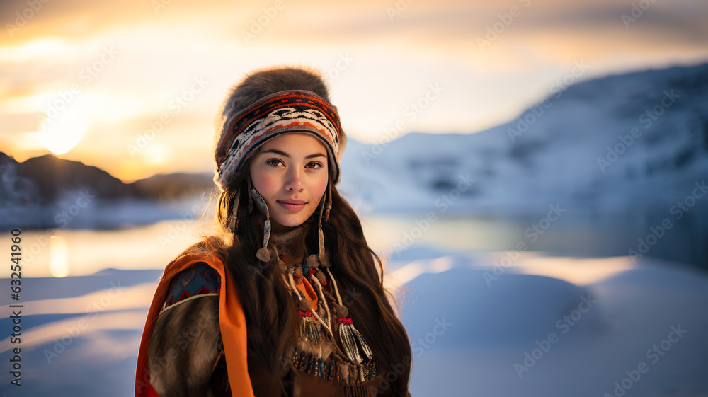 Portrait of female from the Sami culture in Scandinavia. Woman in ...