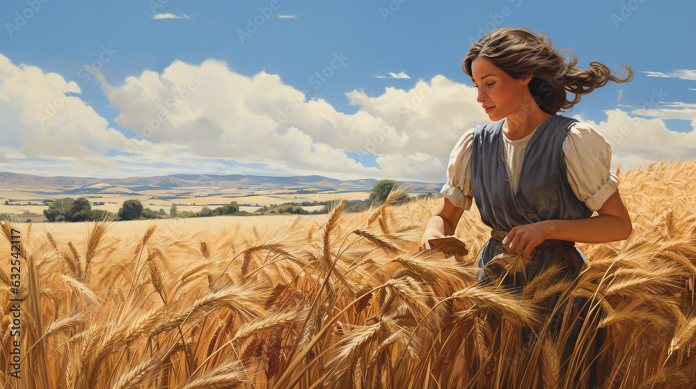 A depiction of Ruth gleaning in the fields with a backdrop of golden ...