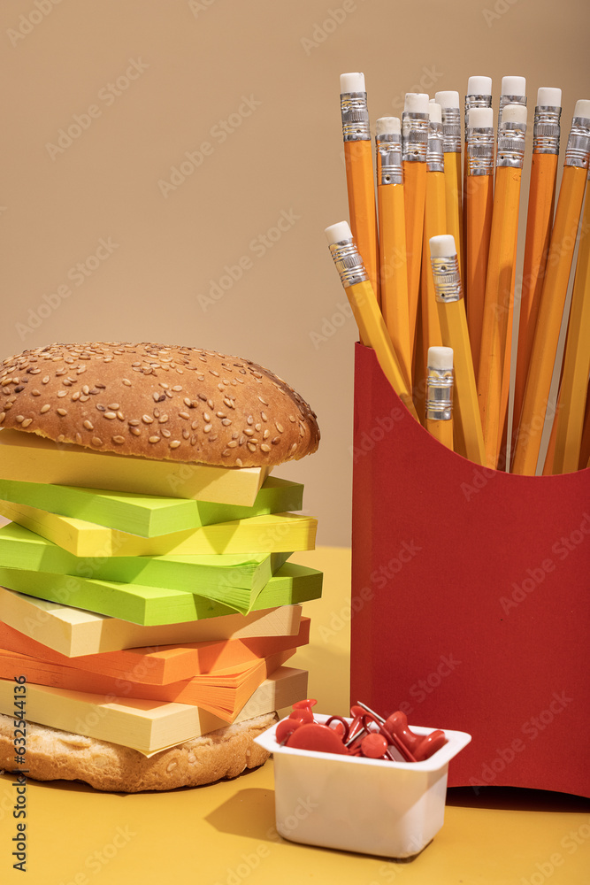 hamburger and fries made from lego bricks on color background, plastic ...