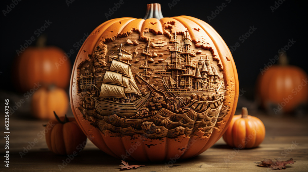 A pumpkin with an intricately carved map of a treasure island, complete ...