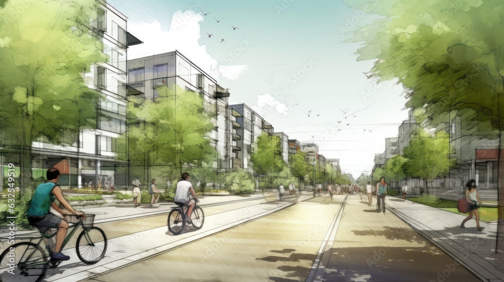 Concept drawing of a futuristic and sustainable green city with ...