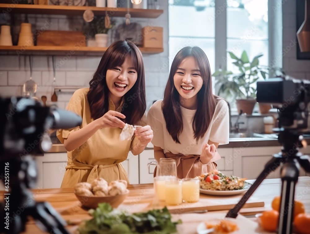 Generative AI : Asia teen girl vlogger group look camera VoIP talk on ...