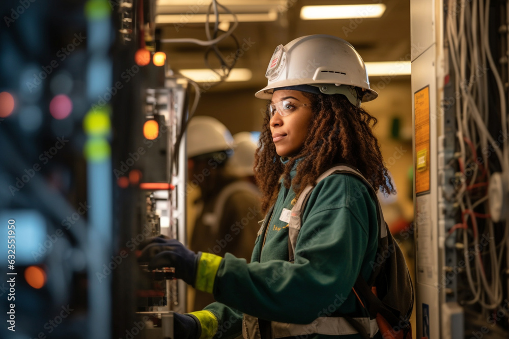 Portrait industry worker wearing a safety uniform control operating ...