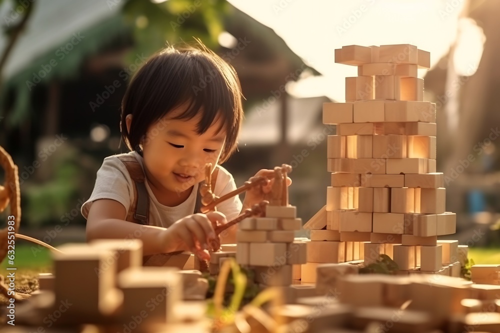 Generative AI : Young little cute asian girl build a house from wooden ...