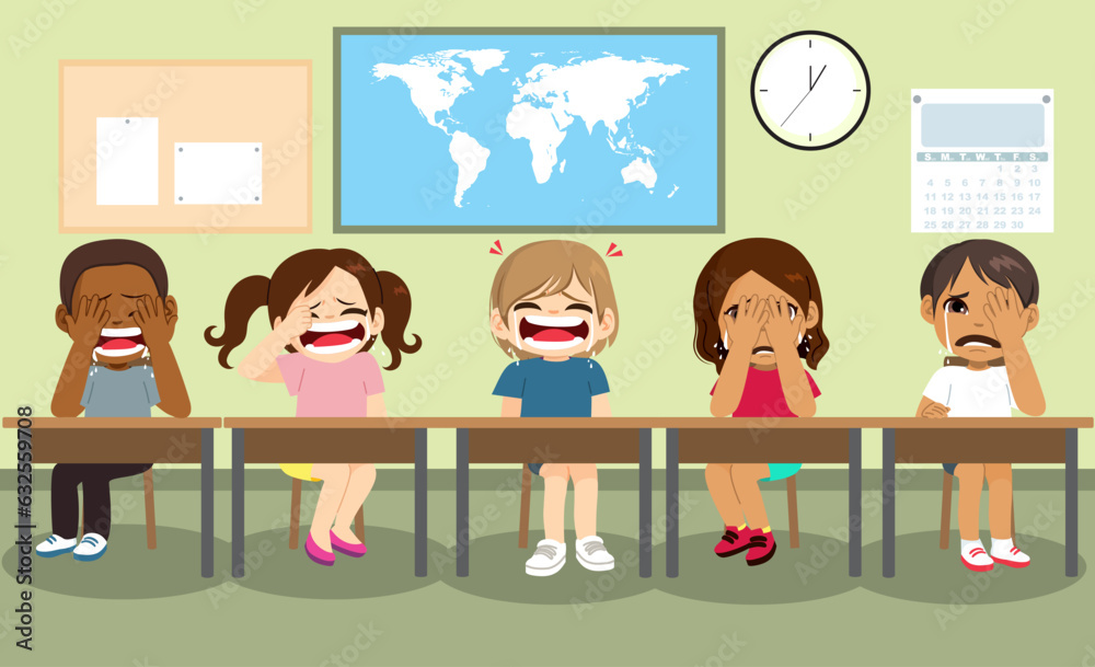 Vector illustration of little boy and girl crying on their first day of ...