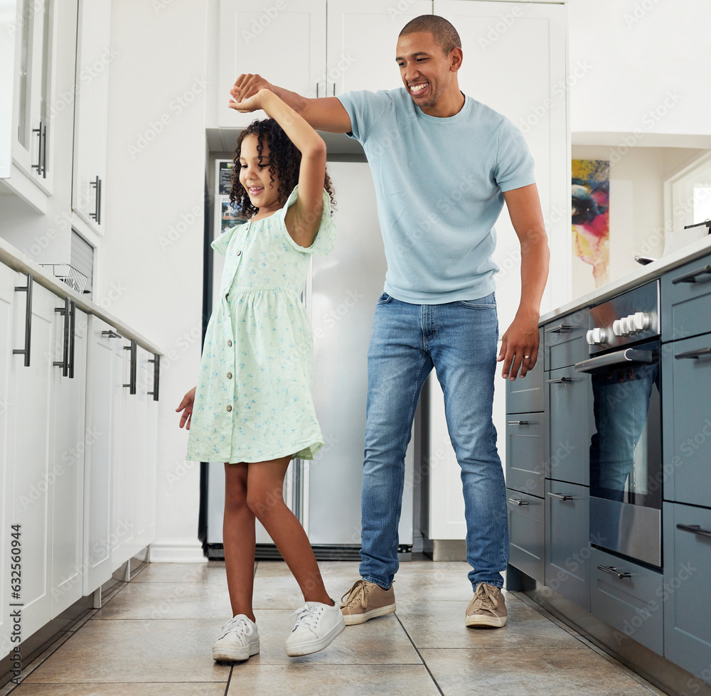 Love, kitchen and father dancing with child in a in a home for care ...