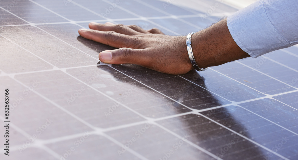 Hand, solar panels and inspection with eco friendly power, electricity ...