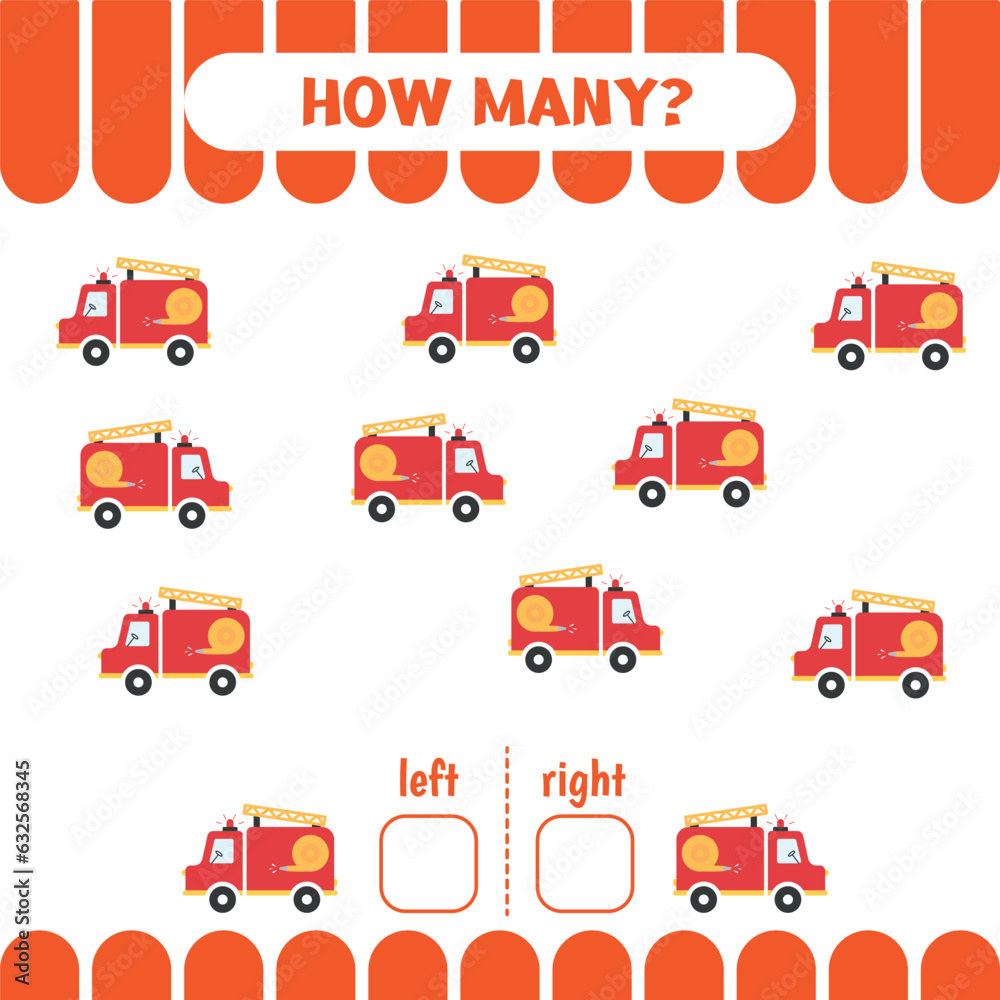 Educational game for kids. Learn left and right. How many fire engines ...