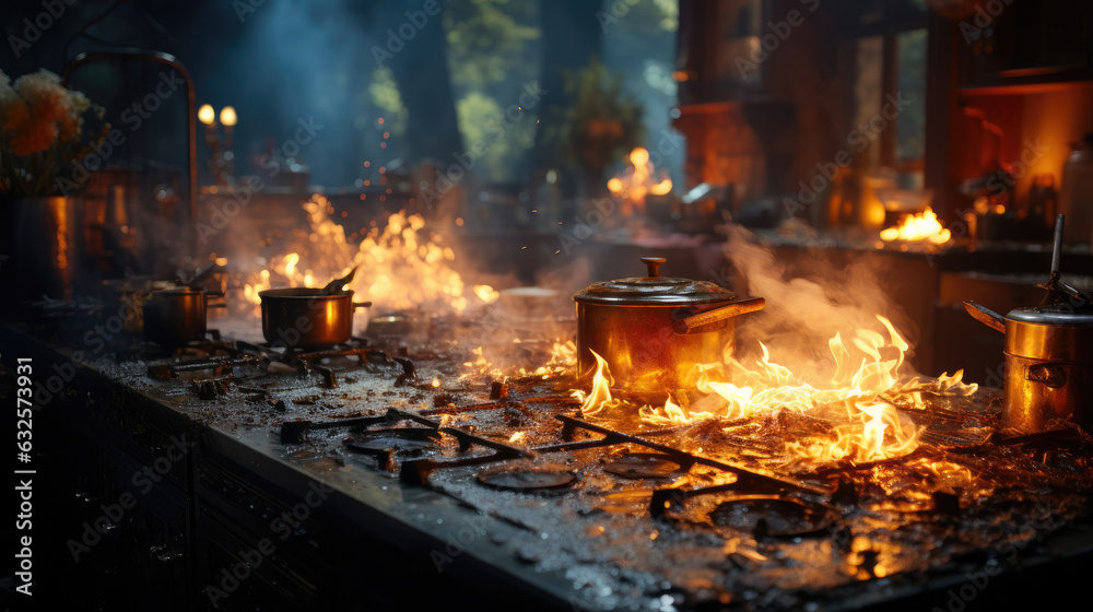 Stove ignited in the kitchen during cooking, smoke and soot around ...