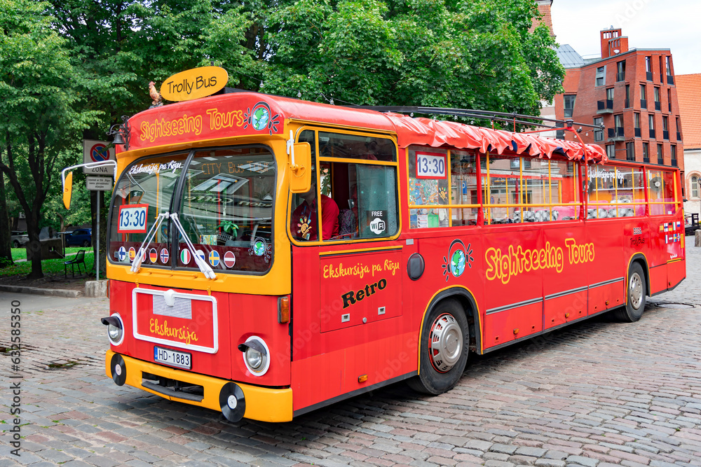 LATVIA, RIGA, 06, AUGUST, 2023: Sightseeing Hop on Hop off bus in Riga ...