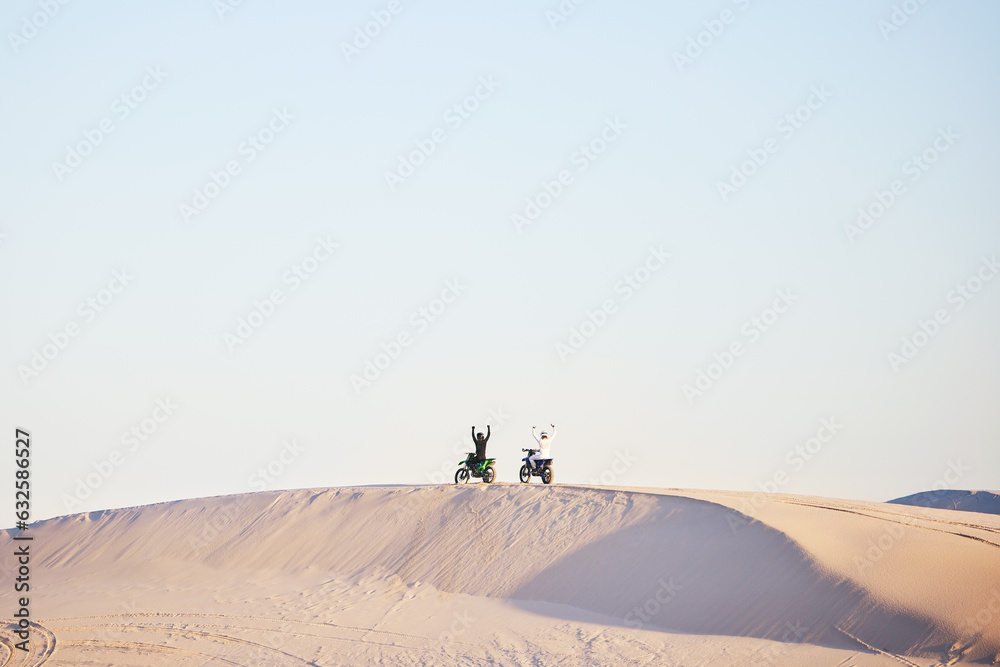 Motorbike, race celebration and desert on sand, competition or outdoor ...
