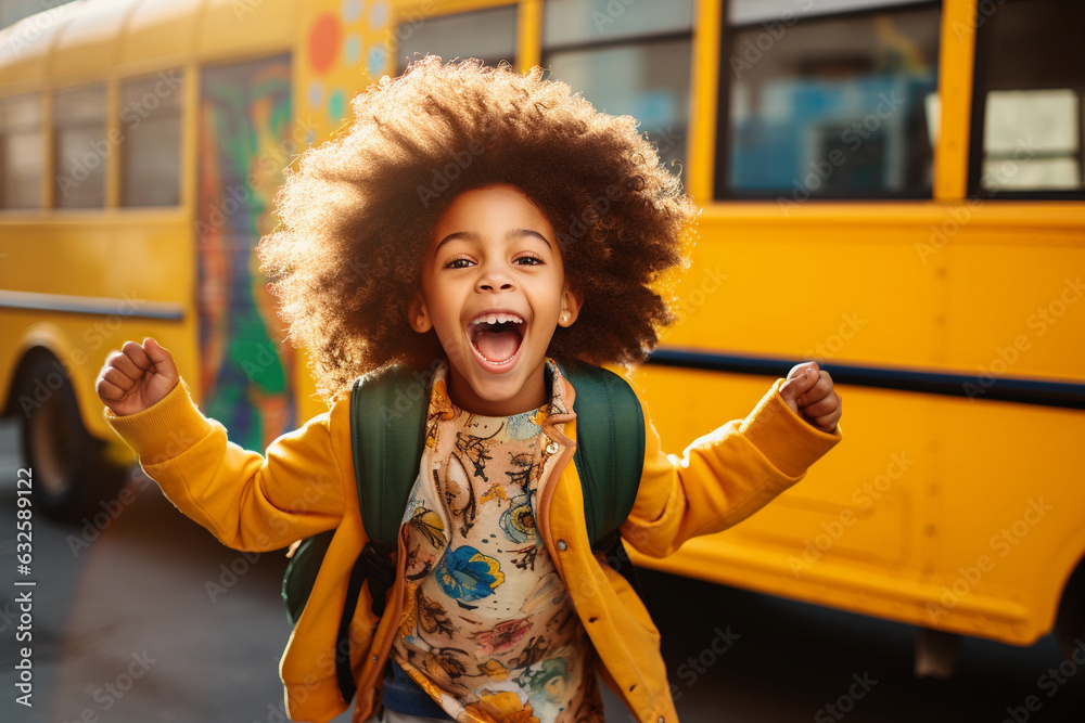 Smiling elementary student girl smiling and ready to board school bus ...