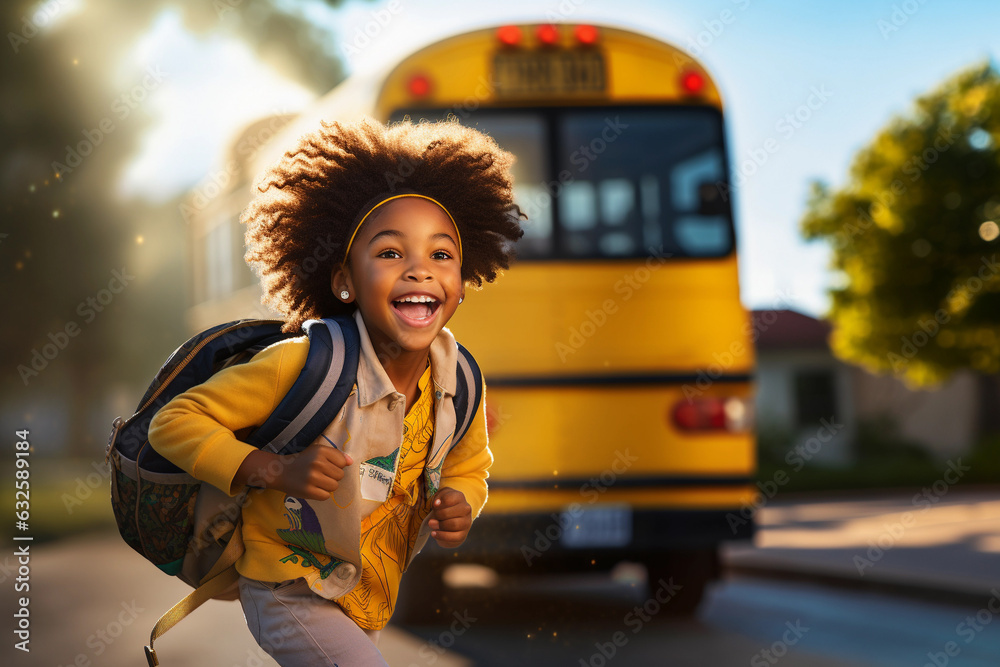 Smiling elementary student girl smiling and ready to board school bus ...