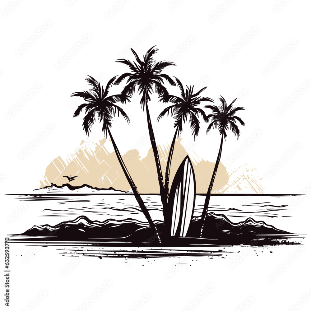 Panoramic beach view. Vector illustration of seaside promenade with ...