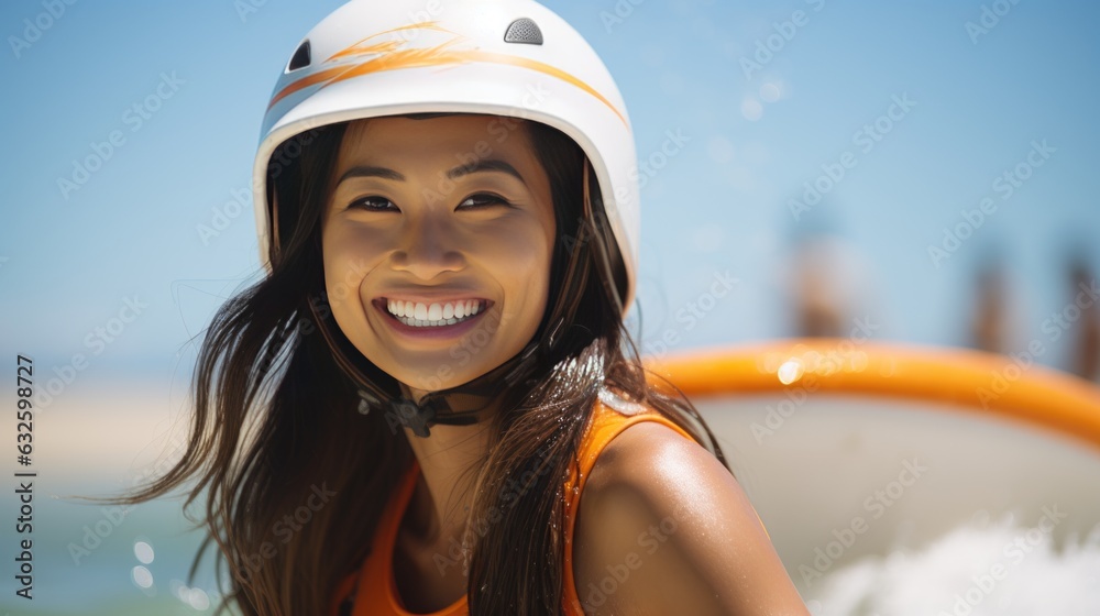 smile of filipino lifeguard woman, beach ocean background. Stock Photo ...
